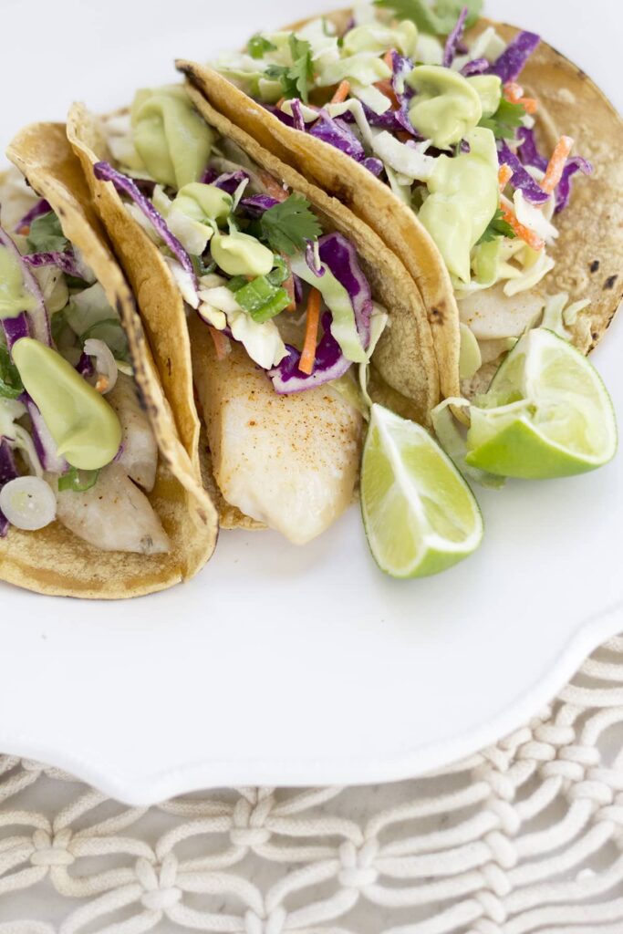 Fish Tacos with Coconut Avocado Crema • Freutcake