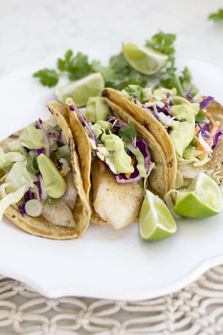 Fish Tacos with Coconut Avocado Crema • Freutcake
