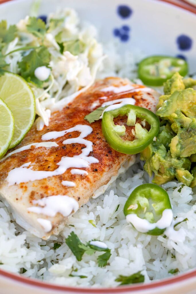 Fish Taco Bowls with Cilantro Lime Rice • Freutcake
